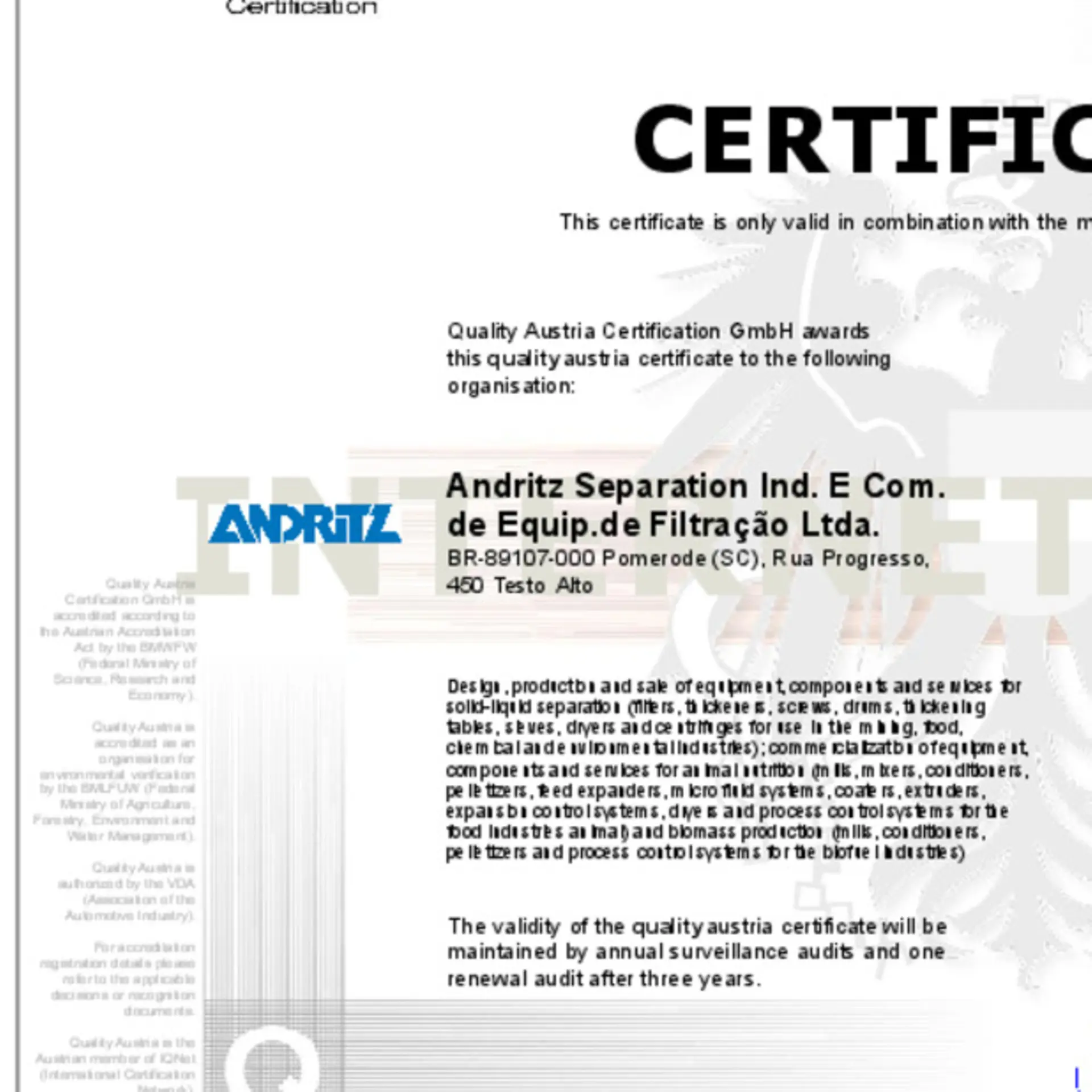 ANDRITZ SEPARATION Indústria e Comércio de Equipamentos de Filtração ...